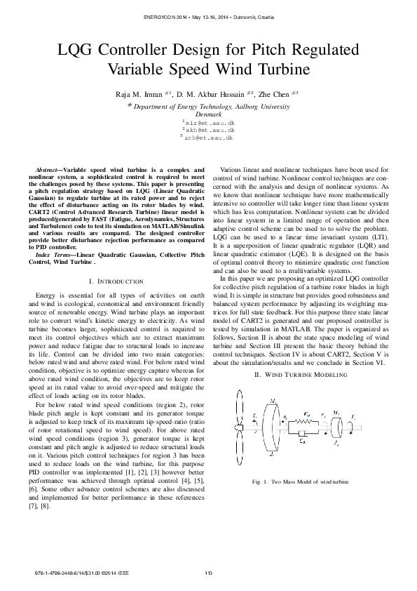 (PDF) LQG controller design for pitch regulated variable speed wind turbine