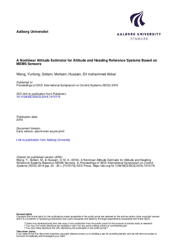 Pdf A Nonlinear Attitude Estimator For Attitude And Heading Reference Systems Based On Mems