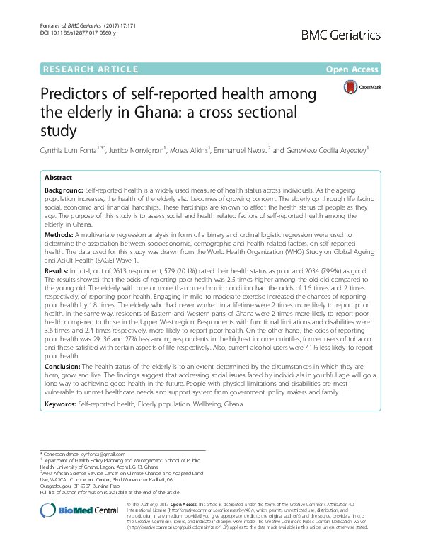 (PDF) Predictors of self-reported health among the elderly in Ghana: a ...