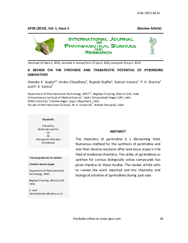 (PDF) A Review on the Synthesis and Therapeutic Potential of Pyrimidine Derivatives