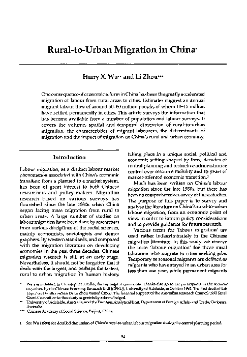 (PDF) Rural-to-Urban Migration in China*