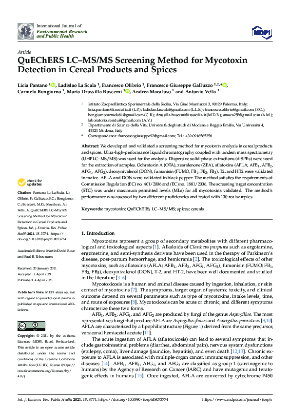Pdf Quechers Lcmsms Screening Method For Mycotoxin Detection In