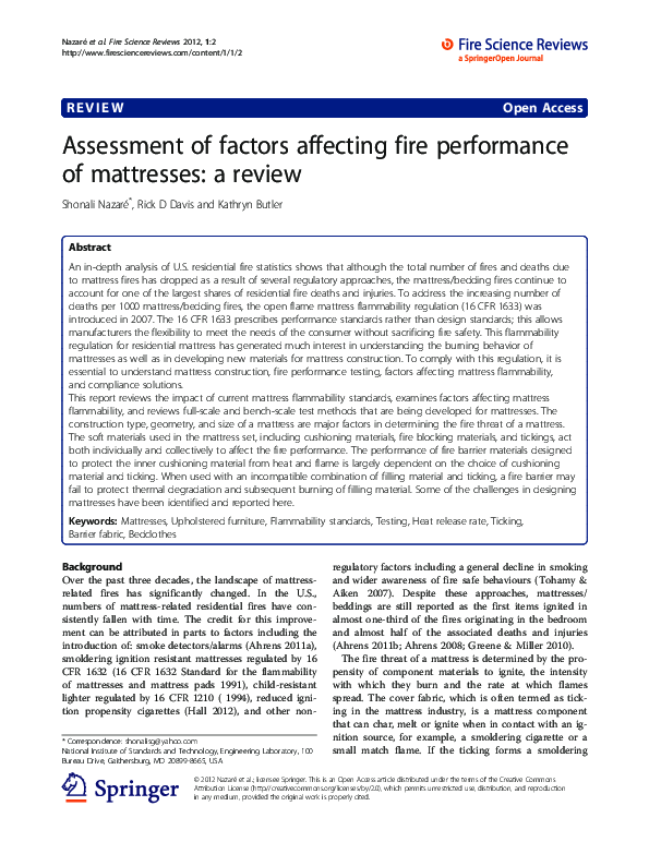 (PDF) Assessment of factors affecting fire performance of mattresses: a ...