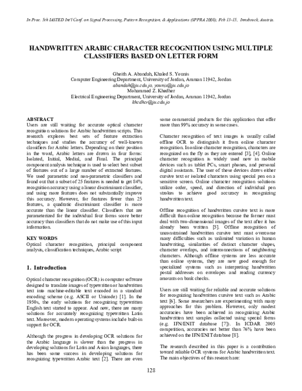 Pdf Handwritten Arabic Character Recognition Using Multiple Classifiers Based On Letter Form