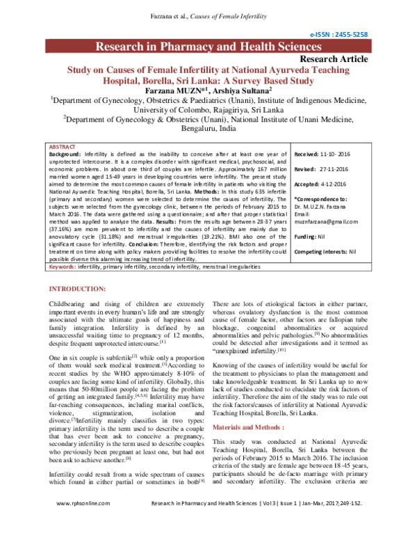 (PDF) Study on Causes of Female Infertility at National Ayurveda ...