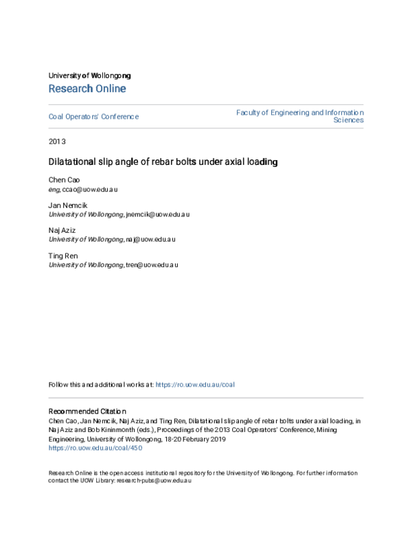 (PDF) Dilatational slip angle of rebar bolts under axial loading | Jan Nemcik - Academia.edu
