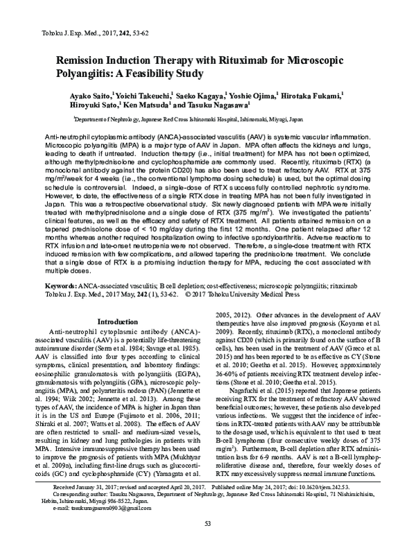 (PDF) Remission Induction Therapy with Rituximab for Microscopic Polyangiitis: A Feasibility Study
