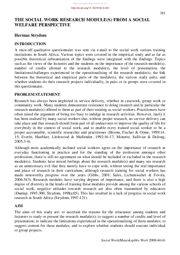 (PDF) The Social Work Research Module(S) from a Social Welfare Perspective