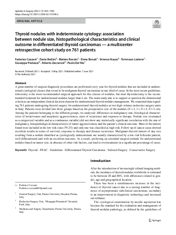 (PDF) Thyroid nodules with indeterminate cytology: association between nodule size ...