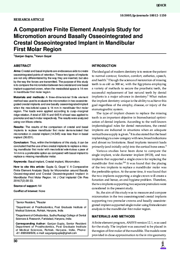 (PDF) A Comparative Finite Element Analysis Study for Micromotion around Basally Osseointegrated ...