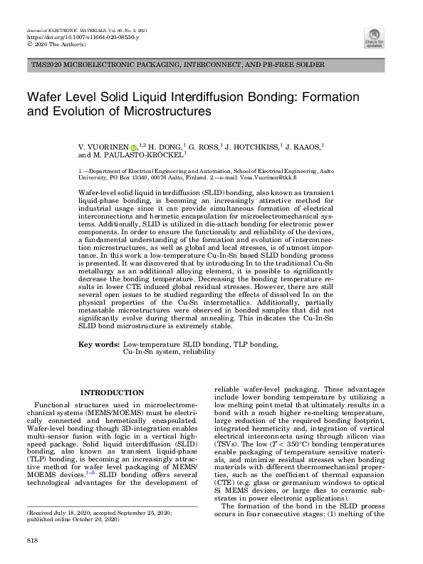 (PDF) Wafer Level Solid Liquid Interdiffusion Bonding: Formation and Evolution of Microstructures