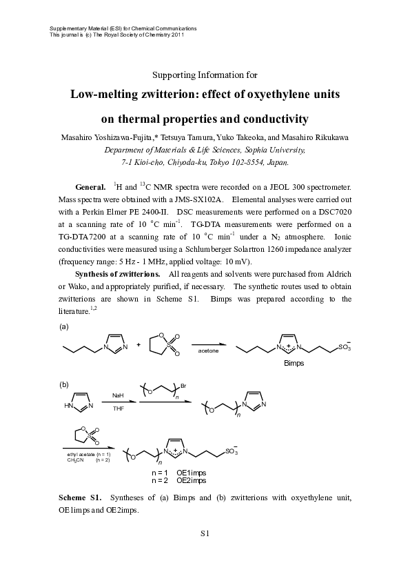 (PDF) Low-melting zwitterion: effect of oxyethylene units on thermal ...
