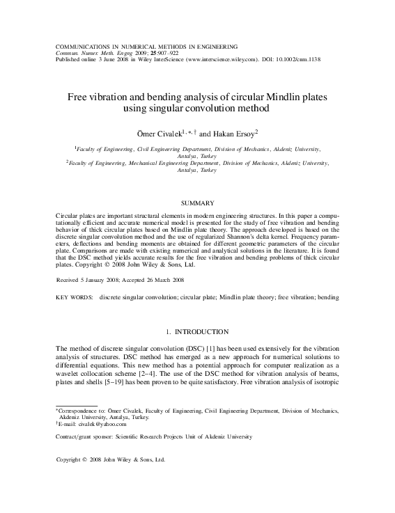 Pdf Free Vibration And Bending Analysis Of Circular Mindlin Plates Using Singular Convolution