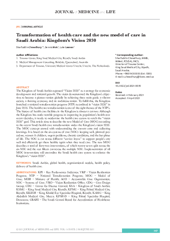 (PDF) Transformation of health care and the new model of care in Saudi ...