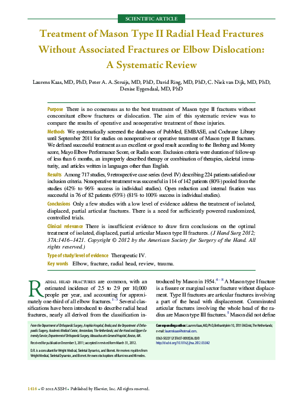 (PDF) Treatment of Mason Type II Radial Head Fractures Without ...