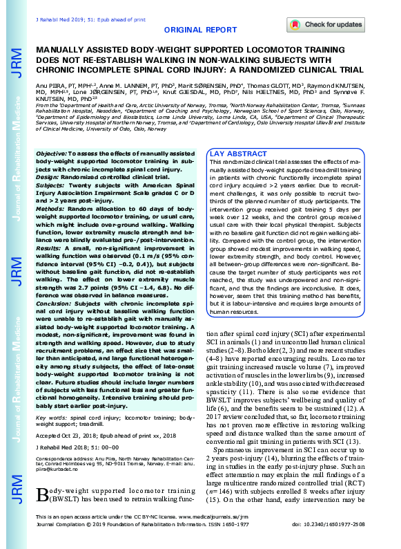 (PDF) Manually assisted body-weight supported locomotor training does ...