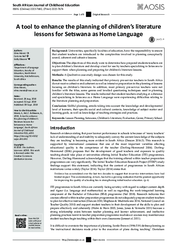 (PDF) A tool to enhance the planning of children’s literature lessons ...