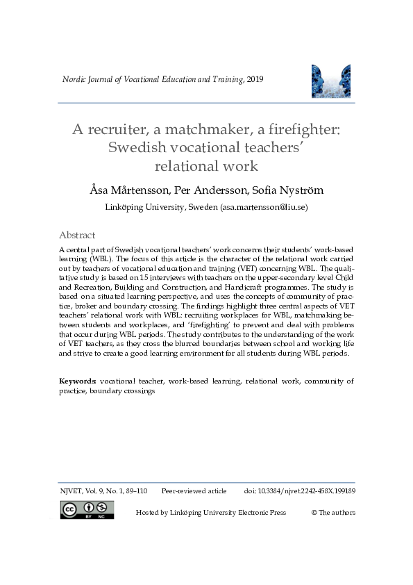 (PDF) A recruiter, a matchmaker, a firefighter: Swedish vocational ...