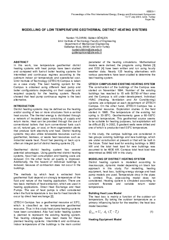 (PDF) Modeling of Low Temperature Geothermal District Heating Systems
