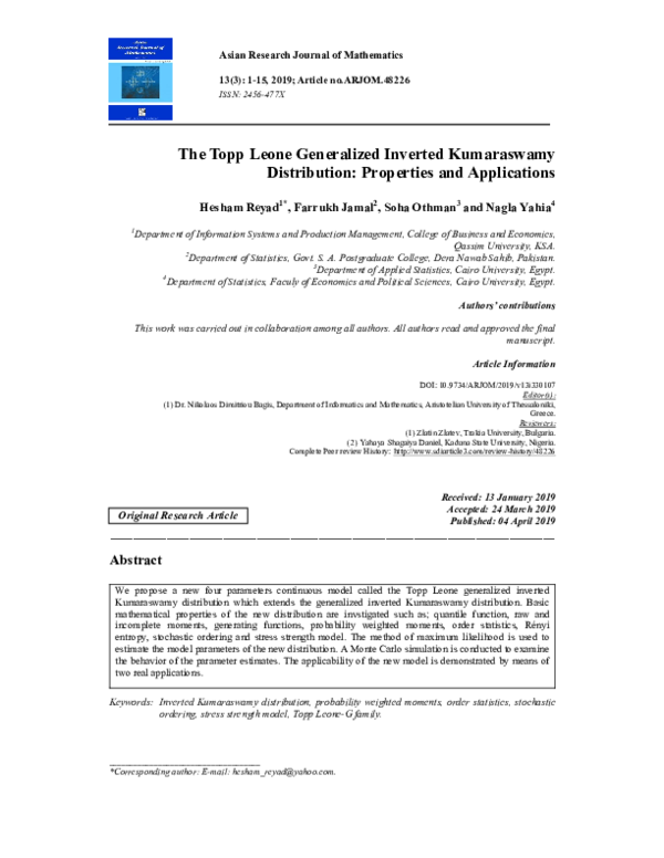 (PDF) The Topp Leone Generalized Inverted Kumaraswamy Distribution: Properties and Applications