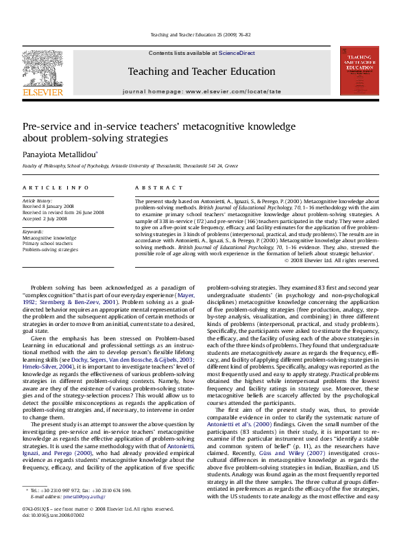 (PDF) Pre-service and in-service teachers' metacognitive knowledge about problem-solving strategies
