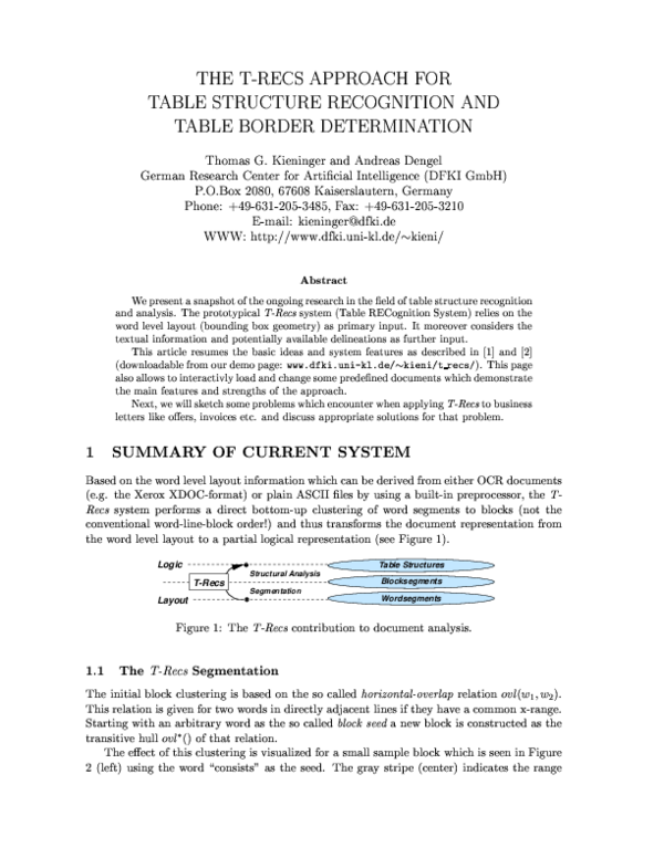 (PDF) The T-RECS approach for table structure recognition and table border determination