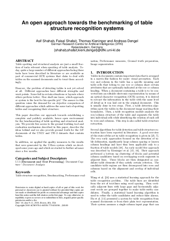 Pdf An Open Approach Towards The Benchmarking Of Table Structure