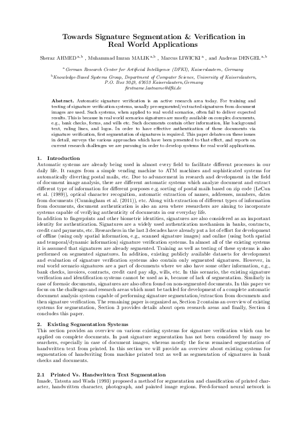 Pdf Towards Signature Segmentation And Verication In Real World
