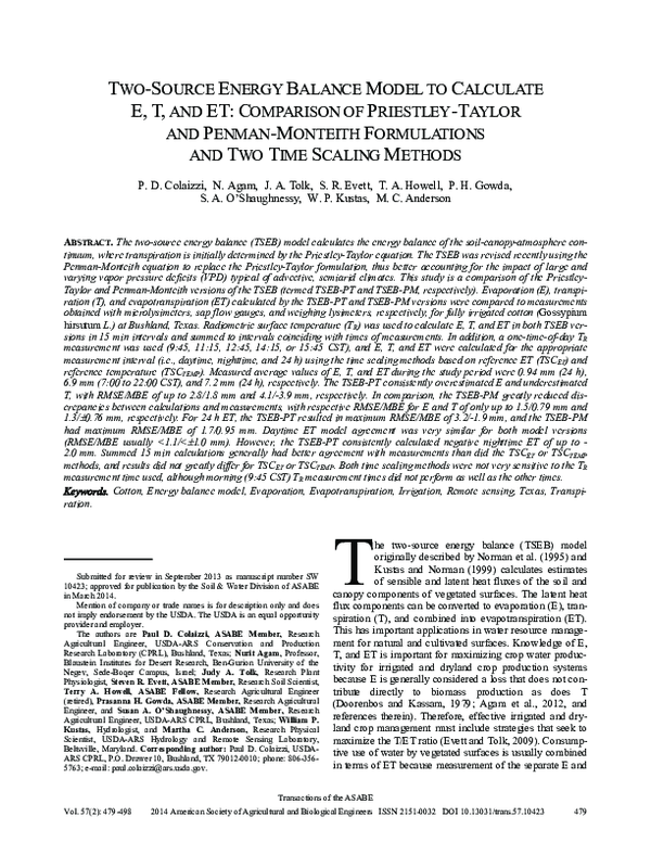 Pdf Two Source Energy Balance Model To Calculate E T And Et Comparison Of Priestley Taylor