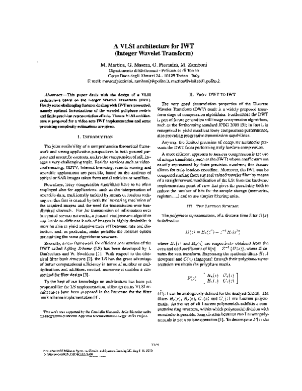 (PDF) A VLSI architecture for IWT (integer wavelet transform)