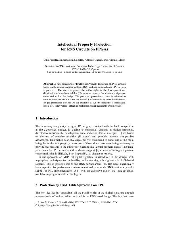 (PDF) Intellectual Property Protection for RNS Circuits on FPGAs