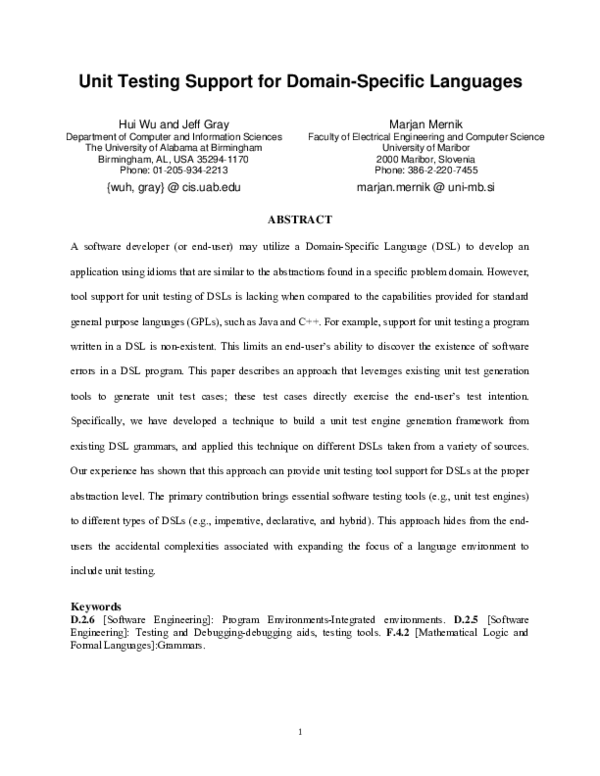 (PDF) Unit Testing Support for Domain-Specific Languages