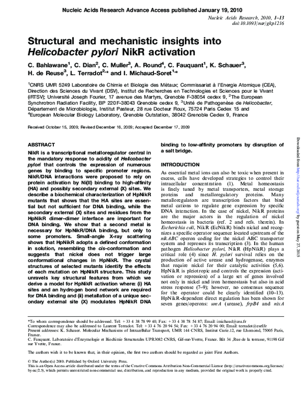 (PDF) Structural and mechanistic insights into Helicobacter pylori NikR ...