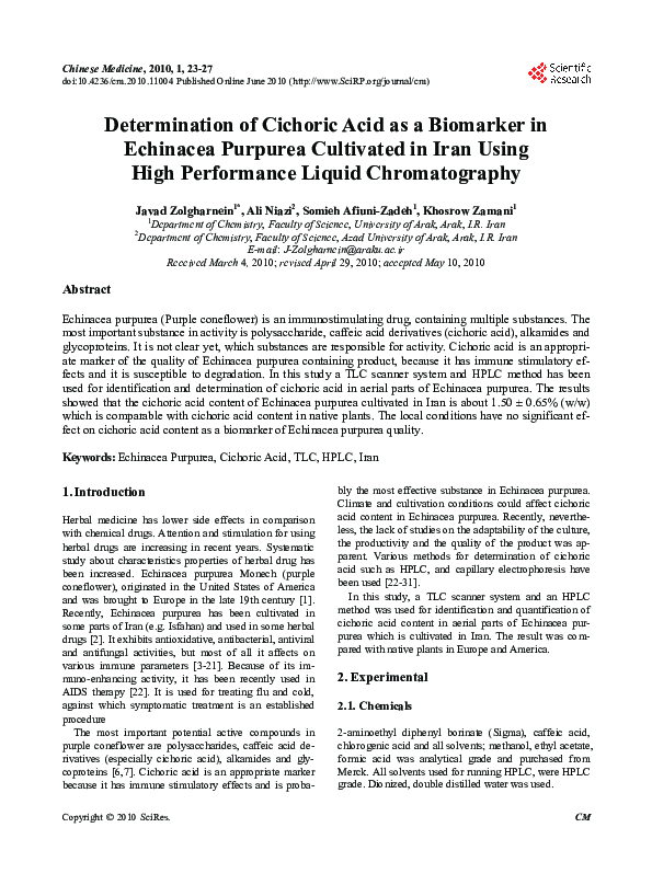 (PDF) Determination of Cichoric Acid as a Biomarker in Echinacea ...