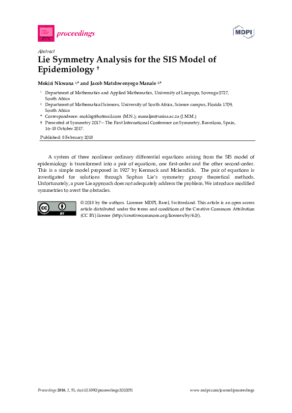 (PDF) Lie Symmetry Analysis for the SIS Model of Epidemiology