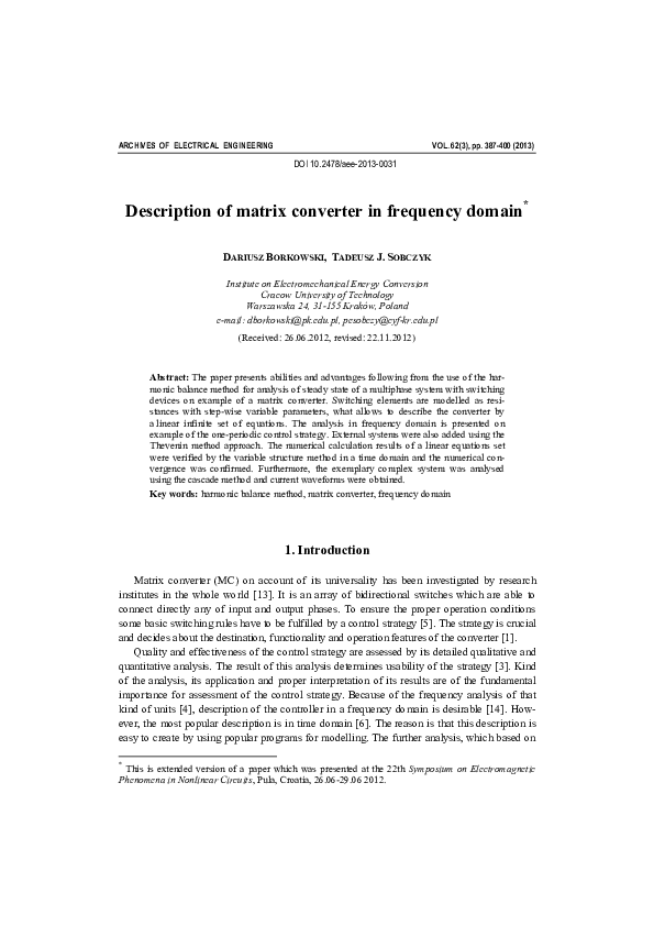 (PDF) Description of matrix converter in frequency domain