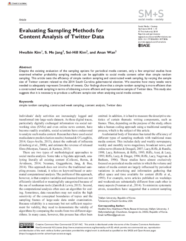 (PDF) Evaluating Sampling Methods for Content Analysis of Twitter Data