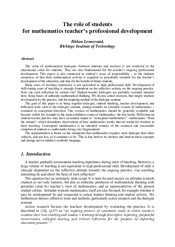 (PDF) The role of students for mathematics teacher's professional ...