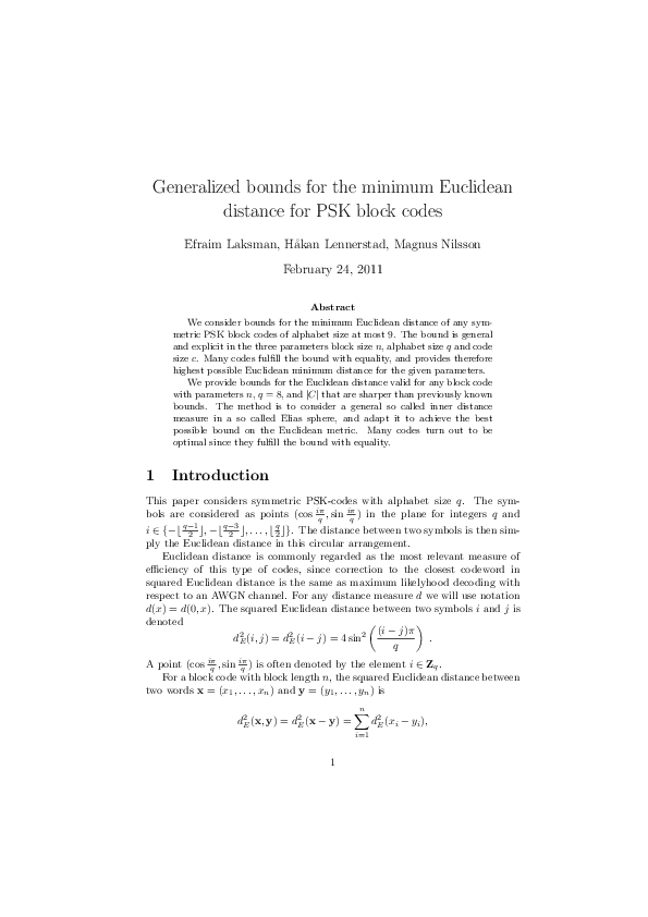 Pdf Bounding The Minimal Euclidean Distance For Any Psk Block Codes Of Alphabet Size 8 1734