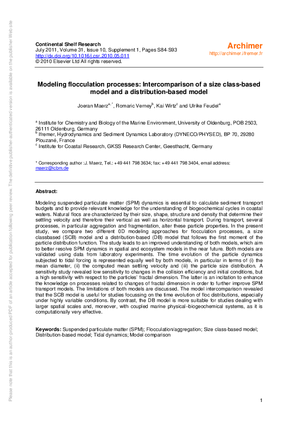 (PDF) Modeling flocculation processes: Intercomparison of a size class-based model and a ...
