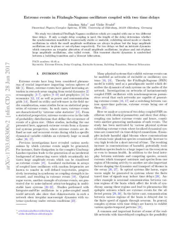 Pdf Extreme Events In Fitzhugh Nagumo Oscillators Coupled With Two