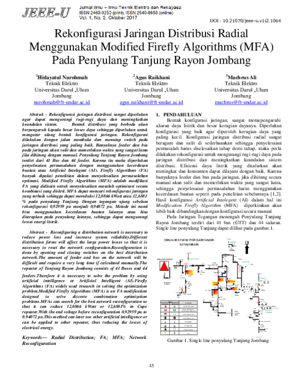 Pdf Rekonfigurasi Jaringan Distribusi Radial Menggunakan Modified Firefly Algorithms Mfa