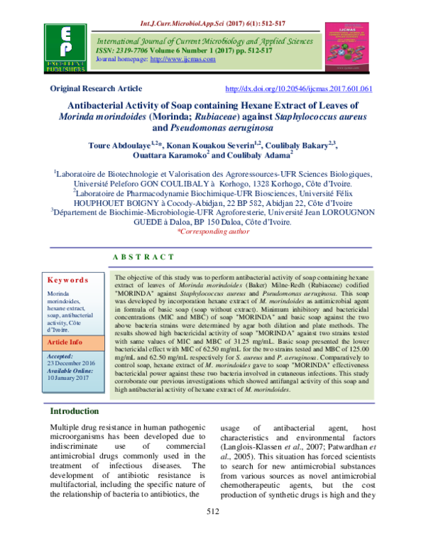 (PDF) Antibacterial Activity of Soap containing Hexane Extract of Leaves of Morinda morindoides ...