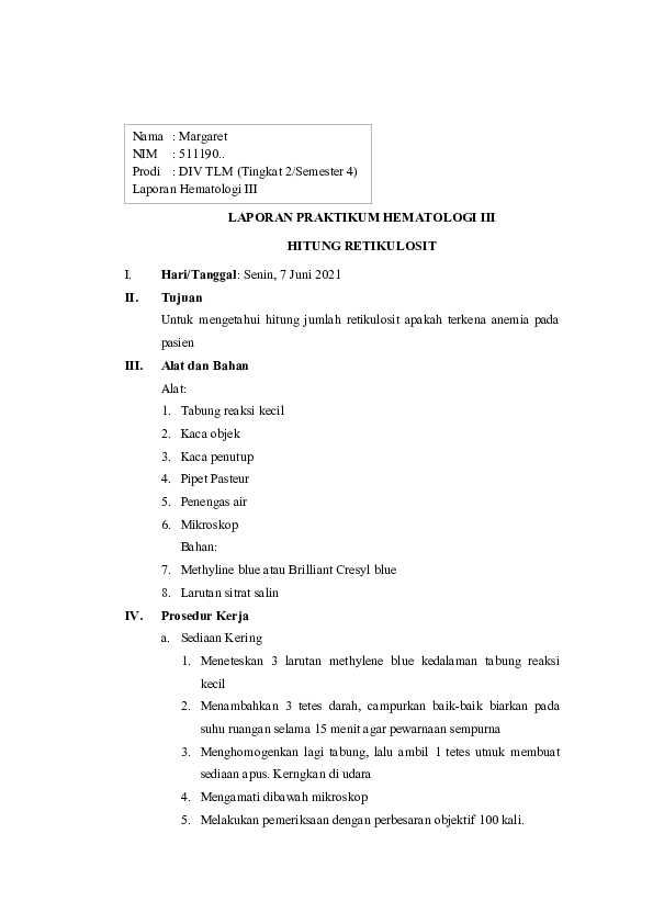 (DOC) Laporan Praktikum Hematologi III (Hitung Retikulosit)