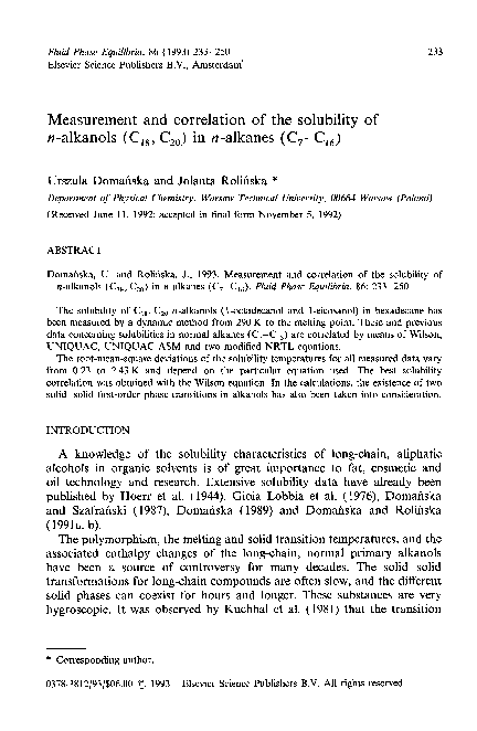 (PDF) Measurement and correlation of the solubility of n-alkanols (C18 ...