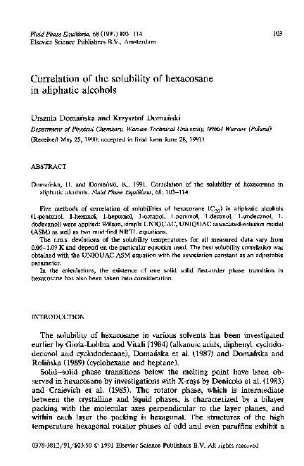 (PDF) Correlation of the solubility of hexacosane in aliphatic alcohols
