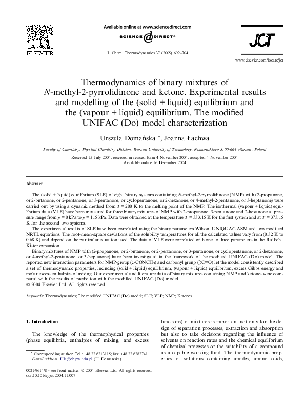 (PDF) Thermodynamics of binary mixtures of N-methyl-2-pyrrolidinone and ketone. Experimental ...
