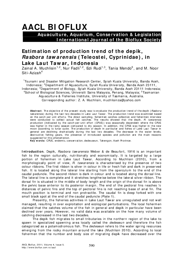 (PDF) Estimation of production trend of the depik, Rasbora tawarensis ...