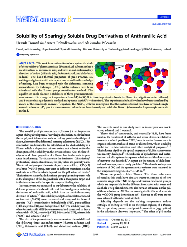 (PDF) Solubility of sparingly soluble drug derivatives of anthranilic acid