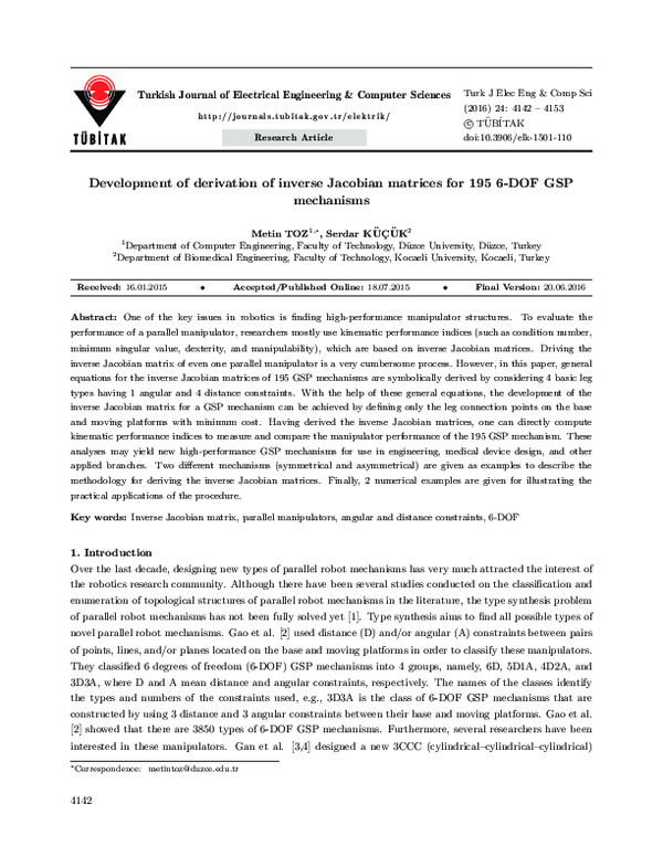 (PDF) Development of derivation of inverse Jacobian matrices for 195 6 ...